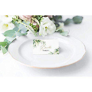 Wedding Place Cards Table, 50 Pack, 2 x 3.5 inch, Gold & Greenery Place Cards for Weddings, Premium Eucalyptus Wedding Name Place Cards for Table Setting, Easy Folding Matte Finish Placecards Wedding