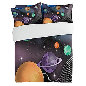 Full Duvet Covers Cartoon Universe Spaceship Planet Stars Dot 3-Piece Bedding Sets Luxury Soft Microfiber Bed Comforter Protector with Pillow Cases All Seasons Use for Women Men Girl Boy Black