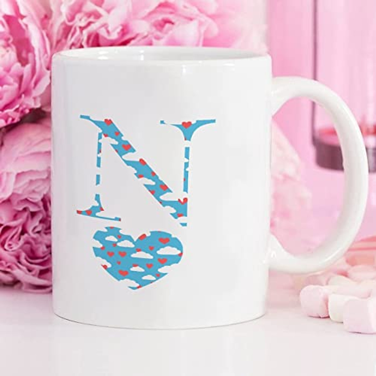 Valentine's Day Love Monogram Letter N Coffee Cup Love Heart Initials Letter Coffee Mug 11oz Custom Name Porcelain Cup Happy Valentine's Day Tea Mug Gift for Girlfriend Valentines Anniversary