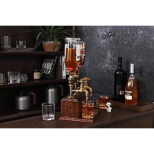Vida Brillante Drink Dispenser for parties Bar Accessories Gifts for Husband Dad Man Cave Decor for Whiskey Lovers with Brass Tube &Wooden Base Suitable for Rum/Bourbon-2 Bottle