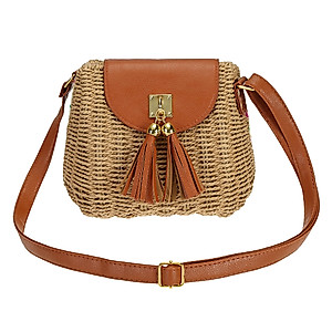 So'each Women's Handmade Wicker Woven Purse Tassels Message Crossbody Shoulder Bag Khaki