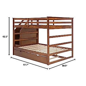 ODC Full Over Full Bunk Bed with Trundle,Solid Wood Stairway Bunk Bed with Twin Size Trundle and 3 Storage Stairs, Full Length Guardrail for Guests Room,Bedroom
