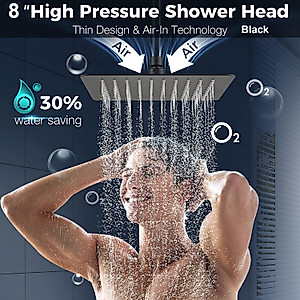 Shower Head, 8'' Matte Black Shower Head with hose, 2 in 1 Setting High Pressure Shower Heads, Anti-leak Rainfall Shower Head with Holder, Dual Rain Shower Head with Handheld Spray, Bellearlly