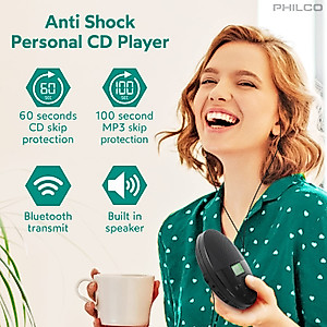 Philco Bluetooth Personal CD Player - MP3 Playback, FM Radio, 60s Anti-Shock, Built-in Speaker, Headphones Included