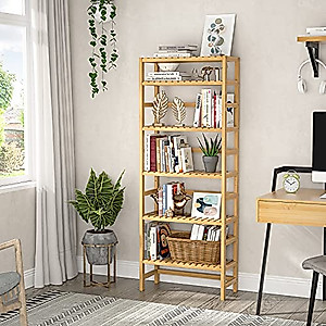 Homykic Bookshelf, 6-Tier Bamboo Adjustable 63.4” Tall Bookcase Book Shelf Organizer, Free Standing Storage Shelving Unit for Living Room, Kitchen, Bedroom, Bathroom, Office, Rust Resistance, Natural