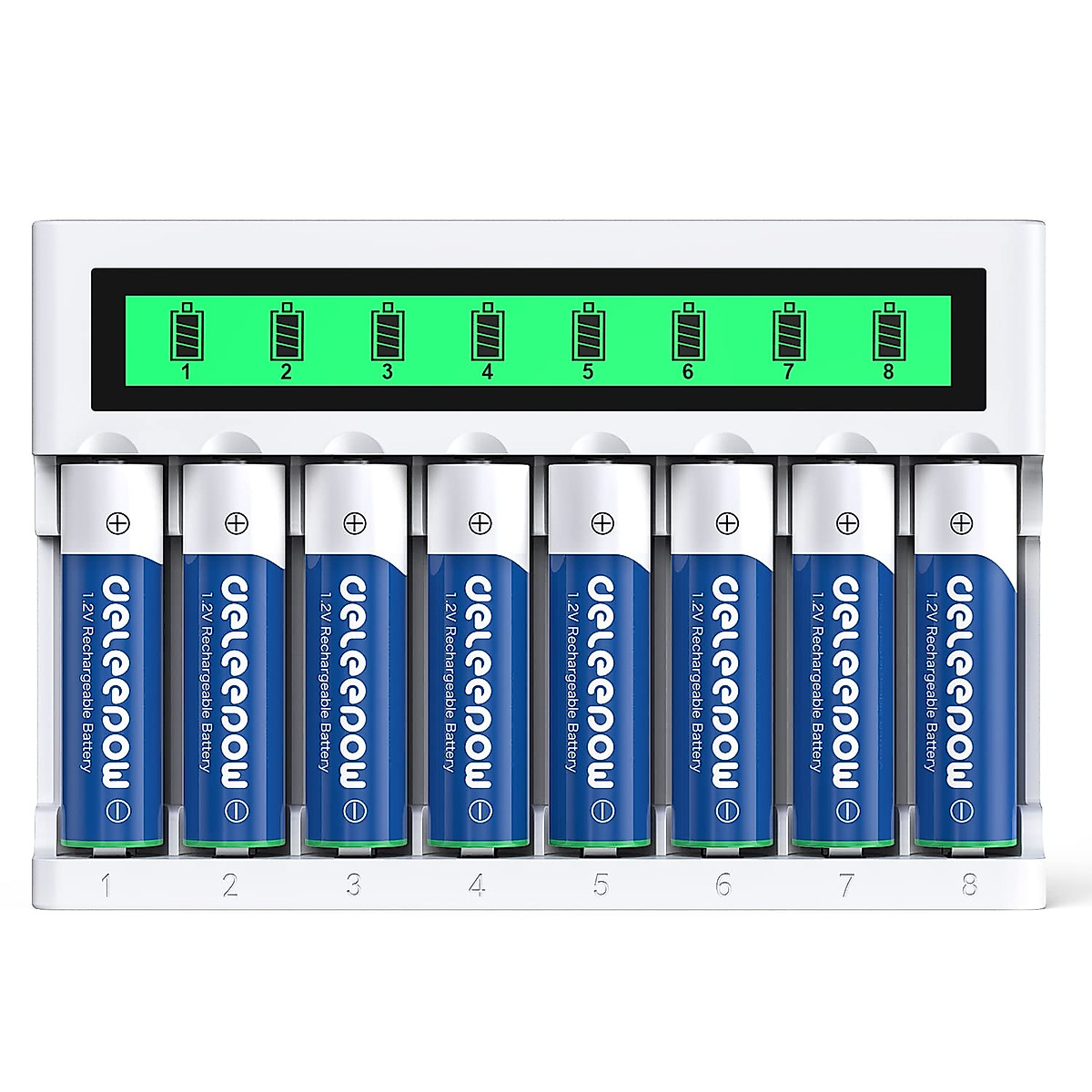 Deleepow AA Rechargeable Batteries Nimh 3300mAh AA Rechargeable Batteries 1200 Cycles 1.2V 8-Pack with LCD C Port and Micro USB 2 Charge Port Charger