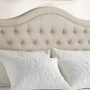 Rosevera Niana Upholstered Tufted Natural Linen Adjustable Headboard Bed with Adjustable Height for Bedroom, King, Wave Top Beige