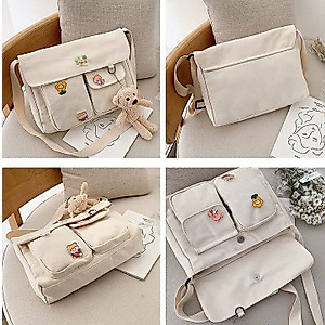 PRAGARI Canvas Crossbody Bag Messenger Cute Bag with Pins and Pendant for Women Girls Casual Shoulder Aesthetic School bag