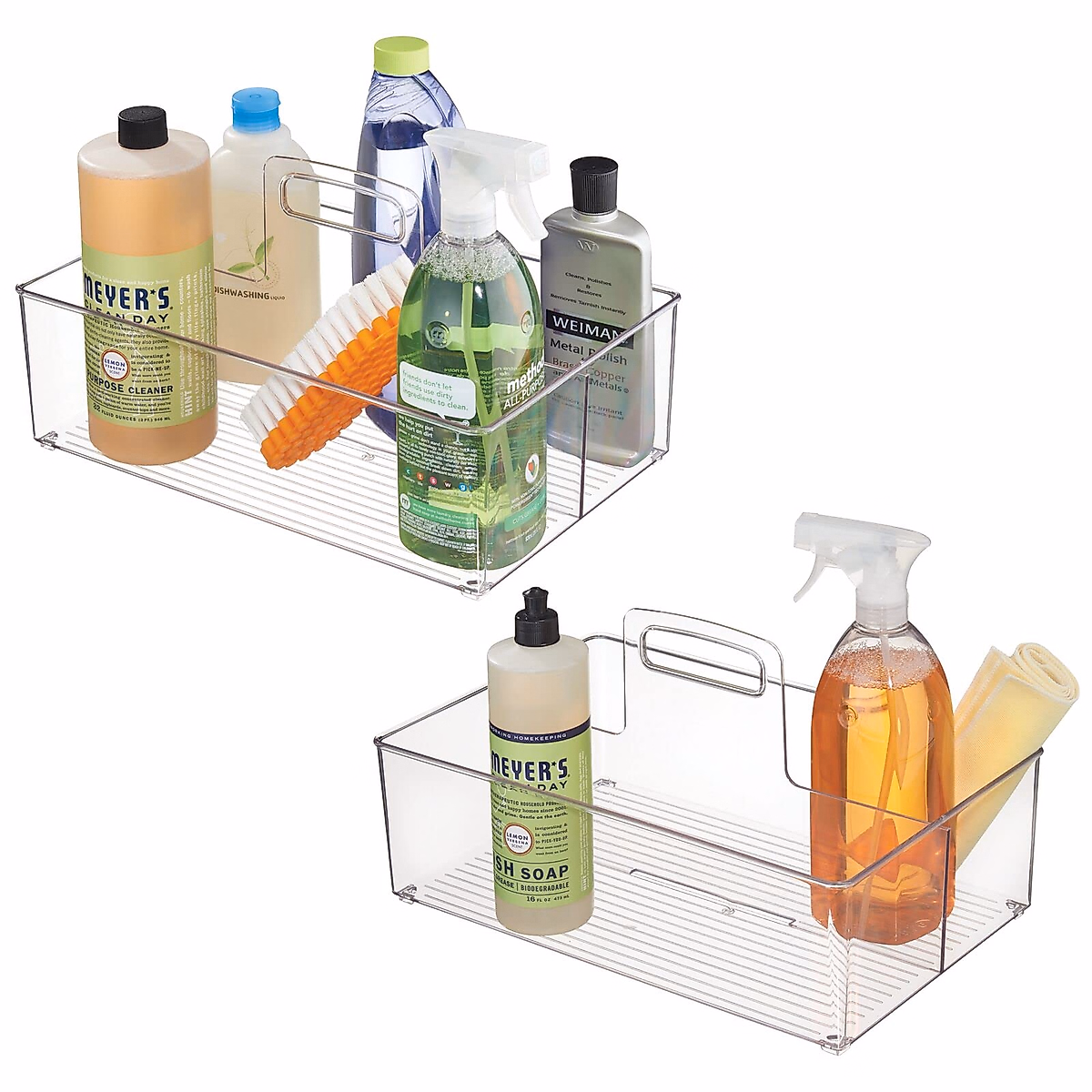 mDesign Large Plastic Divided Portable Storage Organizer Caddy Tote Basket Bin with Handle for Kitchen, Pantry, Countertop, Cabinet, Cupboard - Ligne Collection - 2 Pack - Clear