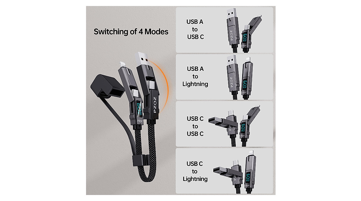 PZOZ Multi Charging Cable Keychain with LED Display - 4-in-1 Fast Charging