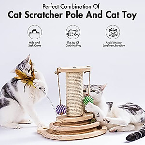 Cat Toy 2-Layer Turntable Cat Ball Toy with Feather,Kitten toys Interactive Cat Toy with Eight Interactive Balls and Two Sisal Dangling Balls,Cat Scratching Post for Indoor Cats and Kittens (Ball)