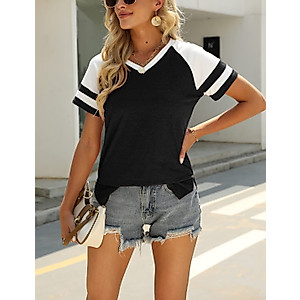 Womens V Neck Summer T-Shirts Casual Short Sleeve Tops Loose Fit Shirts Blouse Black