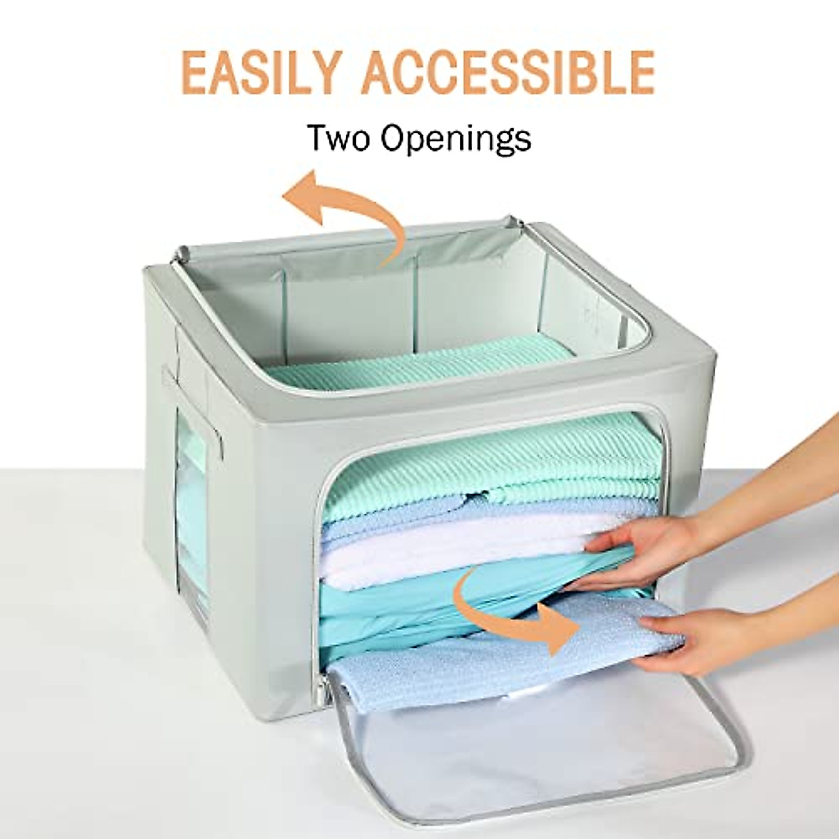 HOUSE AGAIN 3Pcs Clothes Storage Bins, Stackable Shelf Bags/Boxes, Closet Organizers and Storage, Metal Frame Clear Front and Durable Zipper, Bedding, Blankets, Grey(36L)
