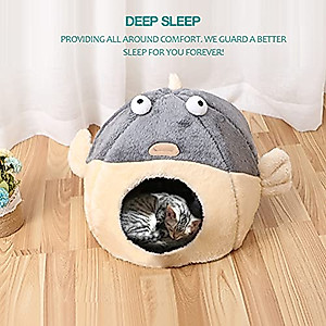 Cat Beds for Indoor Cats - Cat Bed Cave with Removable Washable Cushioned Pillow, Soft Plush Premium Cotton No Deformation Pet Bed, Lively Pufferfish Cat House Design, Grey, Multiple Sizes(S)