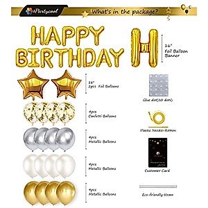 iPartycool 36pcs Birthday Decorations, Birthday Banner, 3D Foil Happy Birthday Balloons Big Star Confetti Metallic Balloons for Kids Girls Boys Men Women Adults Ecofriendly Party Supplies (White Gold)