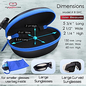 MyEyeglassCase Semi Hard Sunglasses Case with Slim Wallet – ACTIVE EVA Zippered Glasses Case & Carabiner Hook, Hard Eyeglass Case for Large Eyeglasses & Small Goggles (B15HC BLK/BLUE)