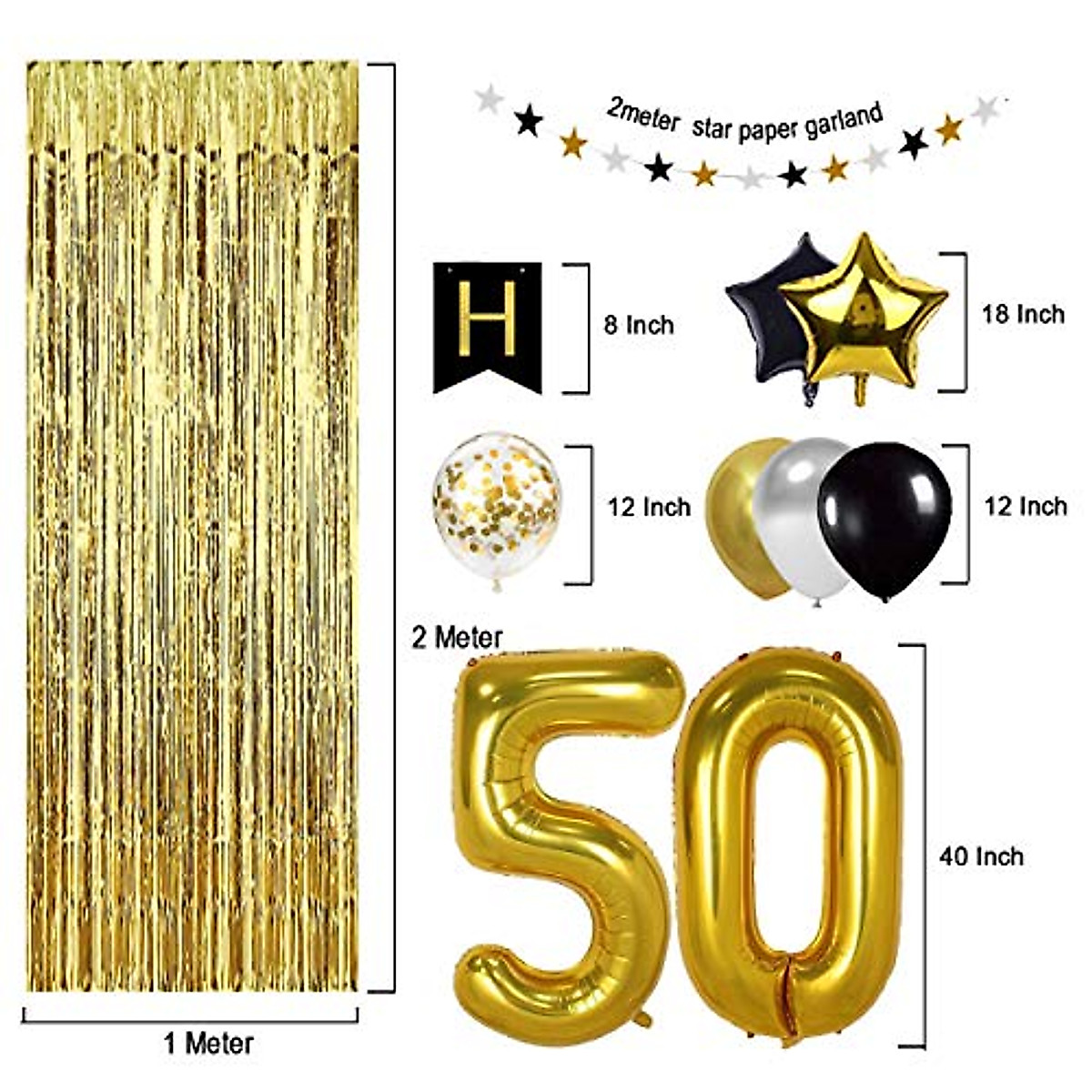 Black and Gold 50th Birthday Decorations Banner Balloon, Happy Birthday Banner, 50th Gold Foil Balloons, Number 50 Birthday Balloons, 50 Years Old Birthday Decoration Supplies