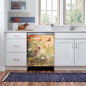 Flower and Butterfly Dishwasher Cover Magnetic Sticker Oil Painting Heat-resistant Decorative Rabbit Easter Kitchen Decoration fridge Washing Machine Magnet Panel Decal Home Decor Wallpaper 23"Wx26"H