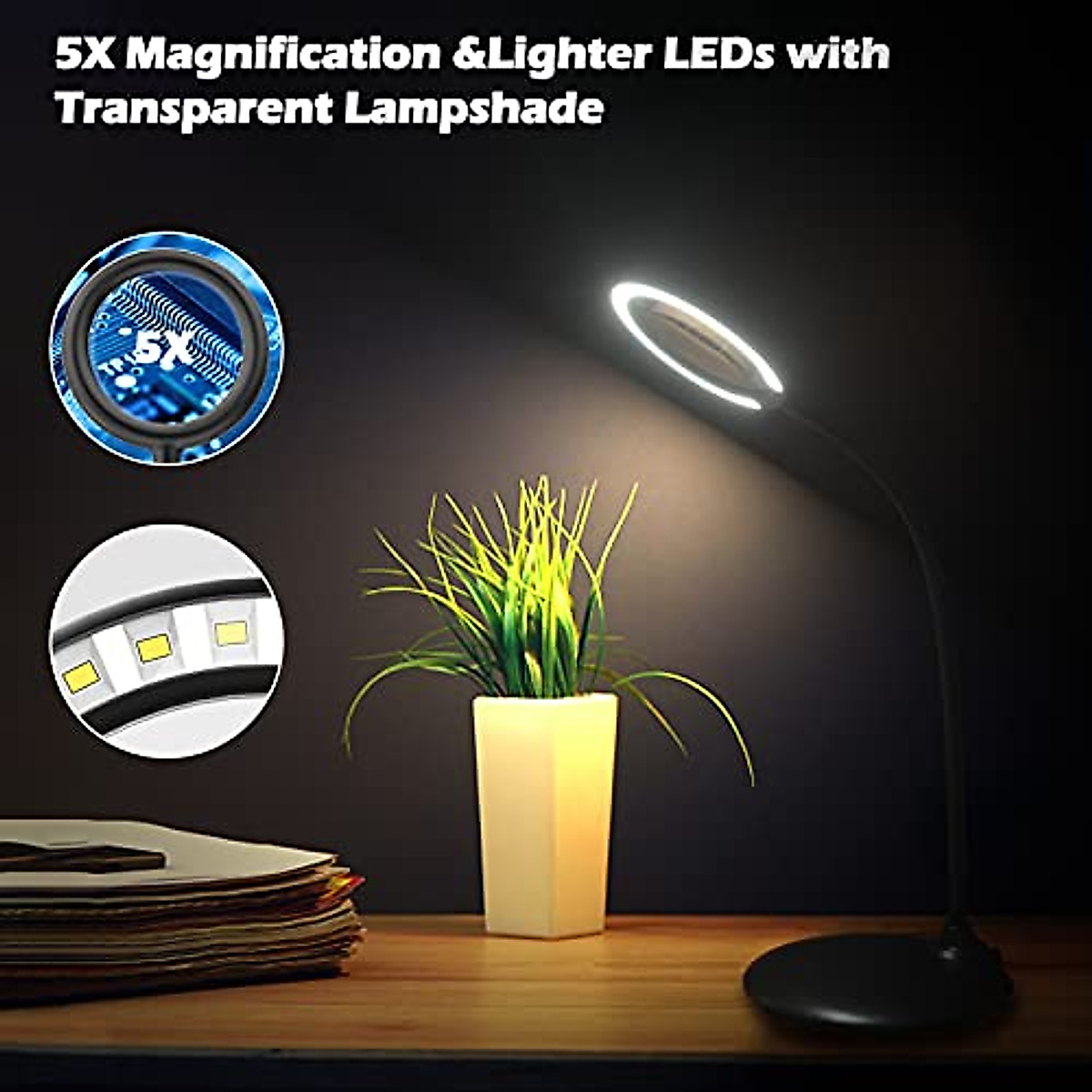 5X Rechargeable Magnifying Glass with Light and Stand, Raweao Dimmable Lighted Magnifying Lamp Glass Hands Free for Reading, Close Work, Hobbies, Crafts