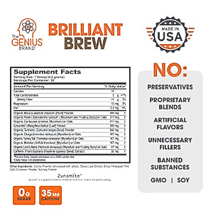Genius Brilliant Brew, Coffee Alternative- Nootropic Adaptogen Mushroom Coffee Substitute, Natural Energy with No Jitters & Crash - 0 Sugar, No Preservatives or Artificial Flavors, Non-GMO & Soy-Free