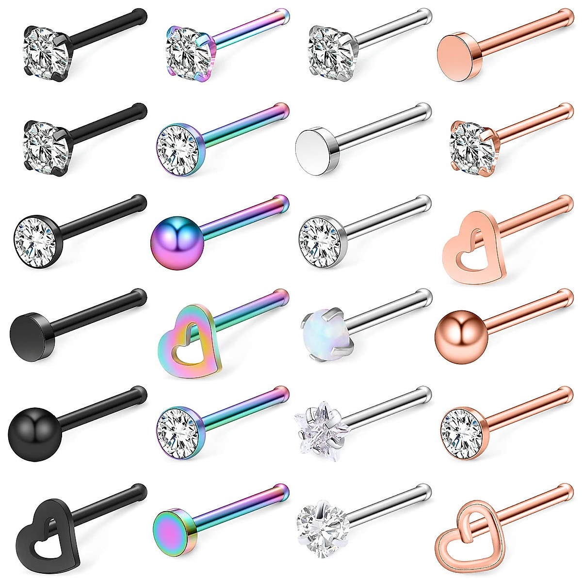 Yaalozei 18g Nose Rings studs for Women Straight Nose ring Surgical Stainless Steel Nose Rings Bar Earrings Pin Bone Stud Diamond Opal Nostril Nose Piercing Jewelry Men Silver Rose Gold Black Rainbow