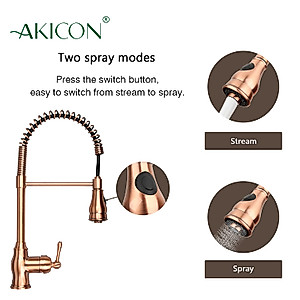 Copper Kitchen Faucet with Soap Dispenser, Single Handle Solid Brass High Arc Pull Down Sprayer Head Kitchen Sink Faucets with Deck Plate OH518