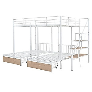 Merax Full Over Twin-Twin Triple Metal Bunk Bed Frame with 2 Storage Drawers and Staircase,White