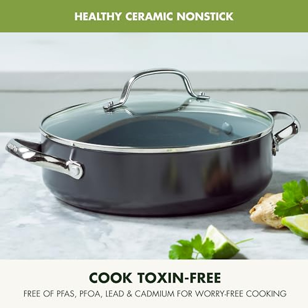 GreenPan Valencia Pro Hard Anodized Healthy Ceramic Nonstick 3.8 Quart Sauteuse Pan with 2 Handles and Lid, PFAS-Free, Induction, Dishwasher Safe, Oven Safe, Gray