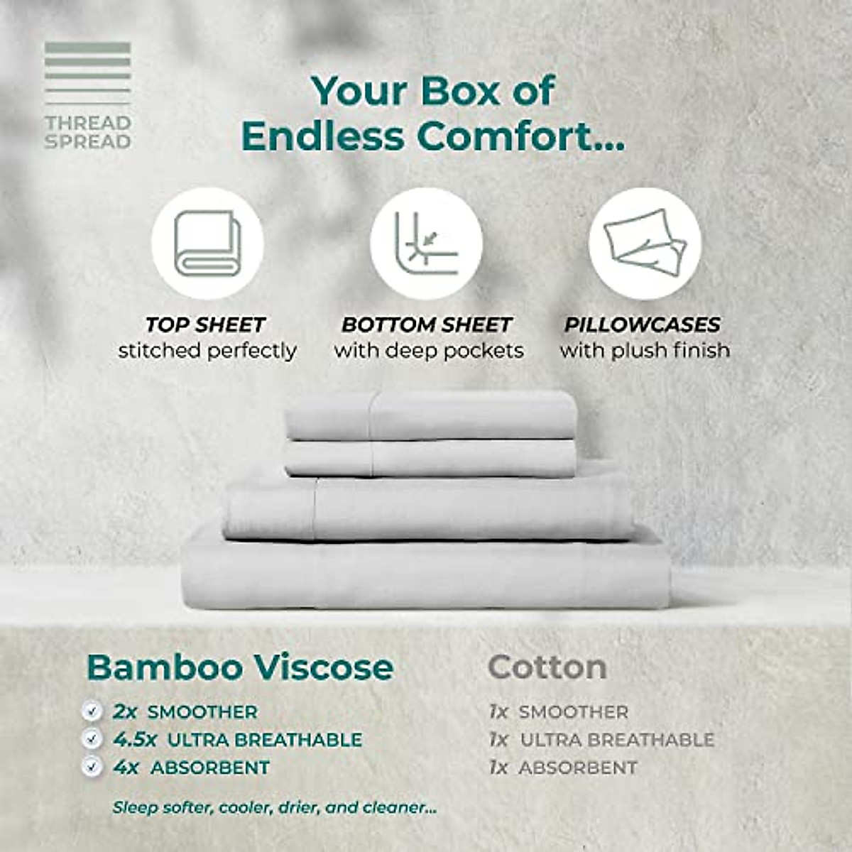 THREAD SPREAD Viscose from Bamboo Sheets, 4 Piece Set, Sheets for Queen Size Bed, with Deep Pocket Fitted Sheet, Soft & Cooling Luxury Sheets, Light Grey Sheets (Queen, Light Grey)