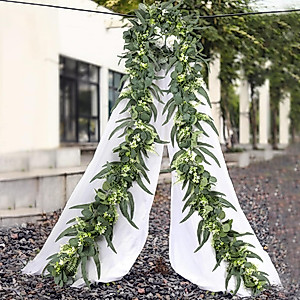 Dremisland Eucalyptus Garland with Long Willow Leaves 2 Packs 5.9Ft Silver Dollar Boston Fern Greenery Garland White Flowers Eucalyptus Vines for Wedding Party Mantle Table Runner Home Decor (4PCS)
