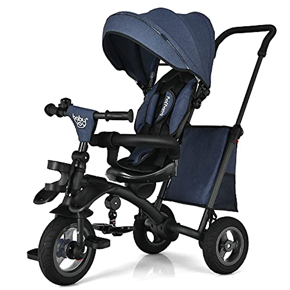 BABY JOY Toddler Tricycle, 7 in 1 Folding Steer Trike w/Rotatable Seat, Adjustable Canopy, Push Handle, Guardrail, Safety Harness, Brakes, Cup Holder & Storage, Tricycle for Toddlers Ages 1.5-5 (Blue)