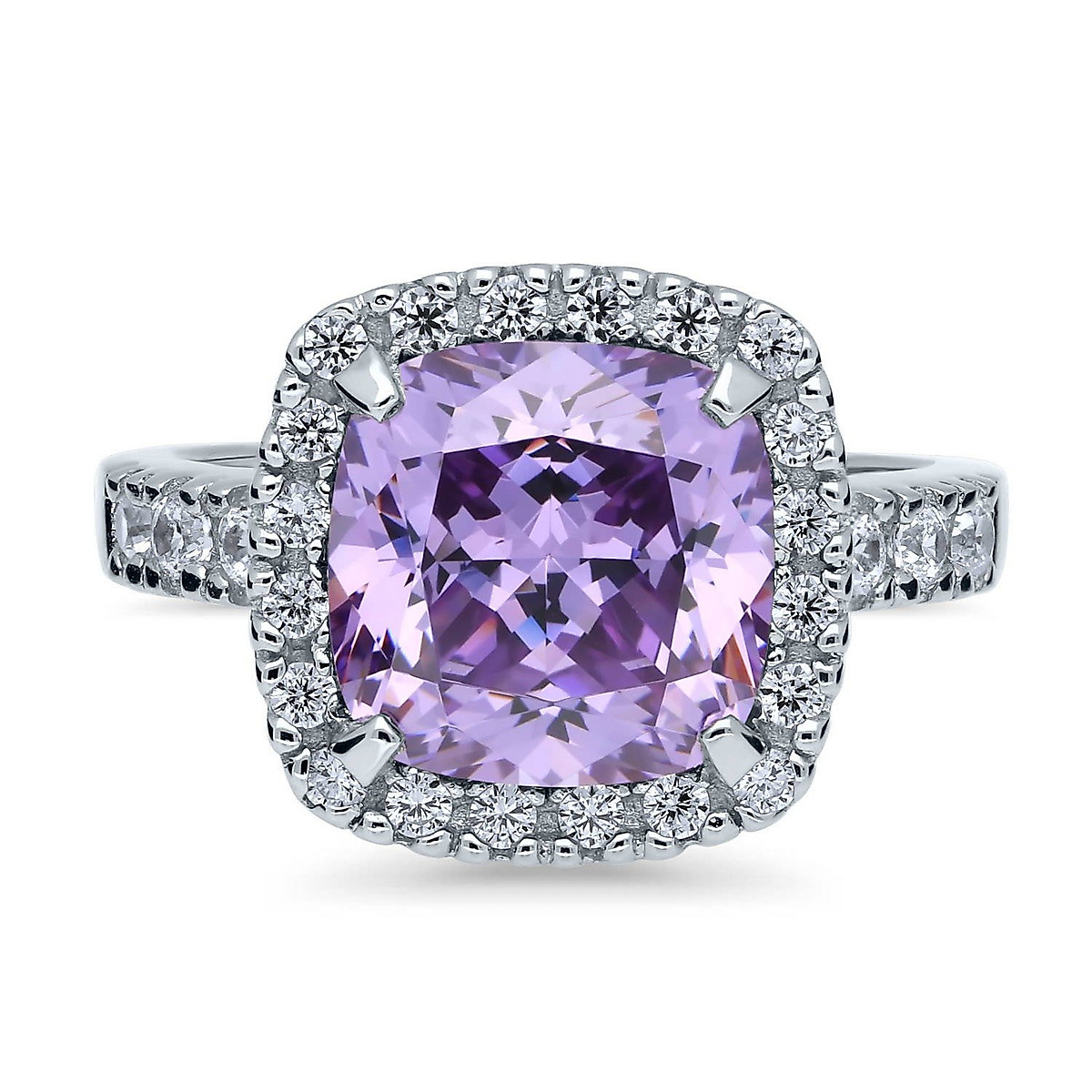 BERRICLE Sterling Silver Halo Purple Cushion Cut Cubic Zirconia CZ Statement Cocktail Fashion Ring for Women, Rhodium Plated Size 9