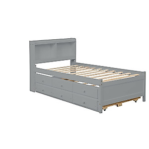 Harper & Bright Designs Twin Bed Frame with Bookcase Headboard, Wooden Twin Size Platform Bed with Trundle and 3 Storage Drawers,Twin Storage Bed for Kids Girls Boys,No Box Spring Needed,Grey