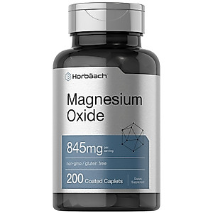 Horbäach Magnesium Oxide | 845 mg | 200 Coated Caplets | Vegetarian, Non-GMO, and Gluten Free Supplement