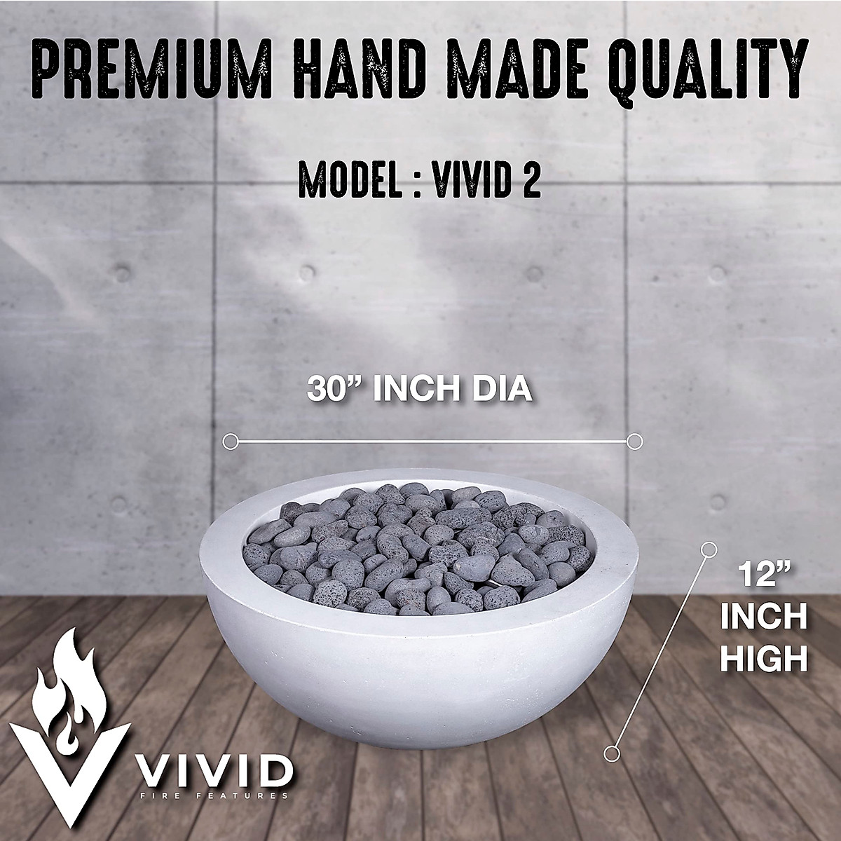 30" Premium Concrete Fire Bowl - Dark Grey Cement Round Natural Gas Fire Pit - Outdoor Fire Table with Key Valve GFRC (30" Diameter x 13" High) (Pewter)