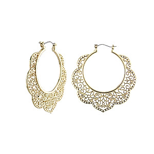 Bohemian Boho Filigree Hoop Earrings for Women – Intricate & Delicate Cutout Design Details – Tribal Floral Gypsy Lightweight Geometric Metallic Statement Earrings (Outer Floral - Gold)