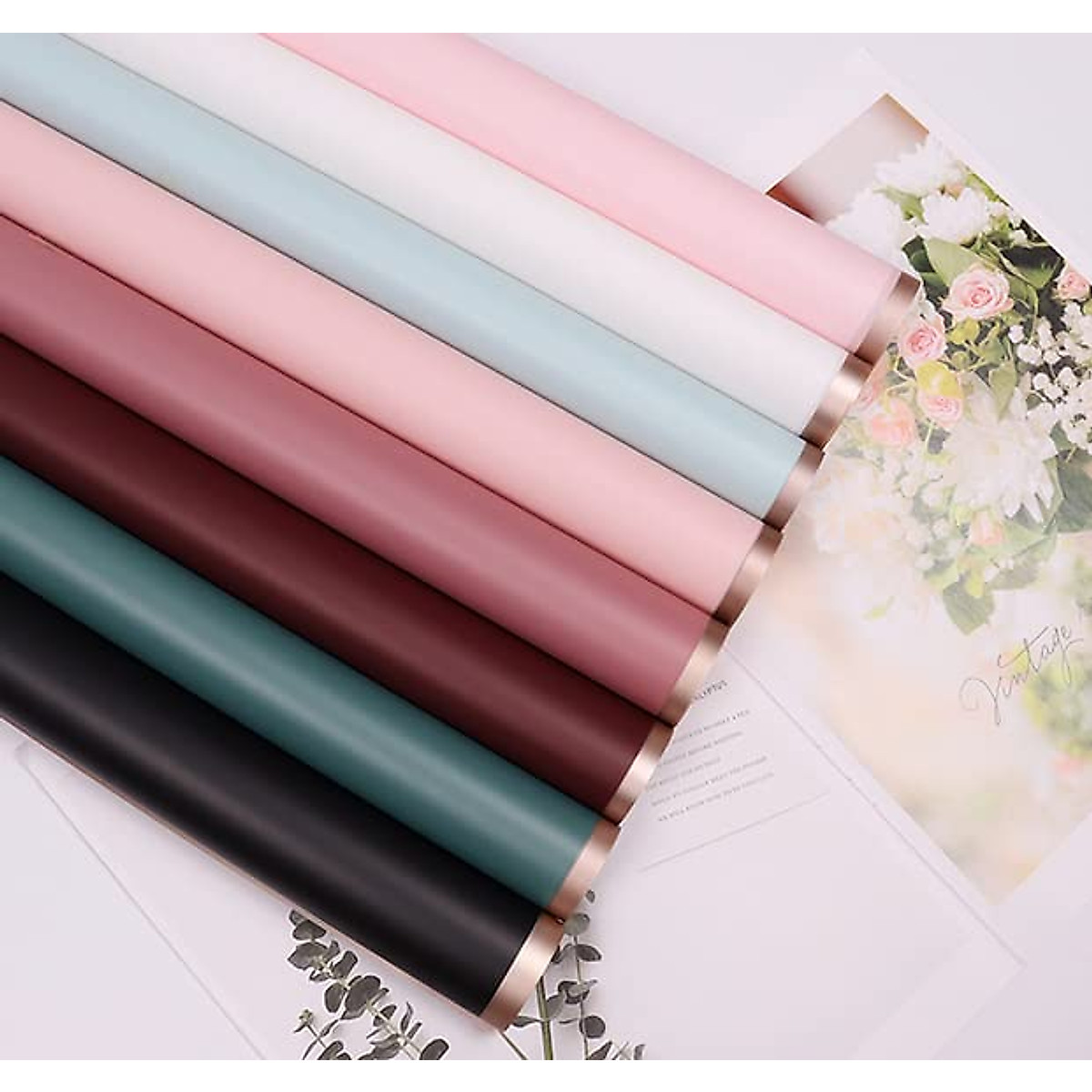 Leoyoubei 20 Sheets Flower Gift Wrapping Paper,Waterproof Gift Packaging or Gift Box Packaging,Can Be Packaged on Both Sides Paper Bundle,Florist Bouquet Wraps Material (Gold Edge-Khaki)