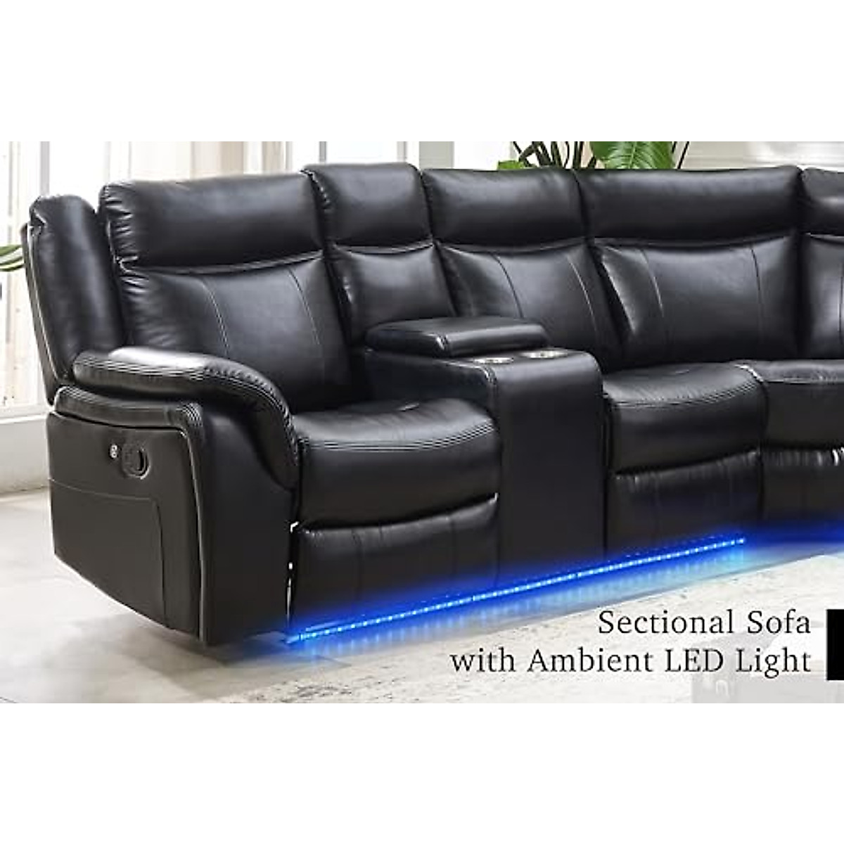 ELIASER Manual Reclining Sectional Sofa with LED Light Recliner Faux Leather L-Shaped Reclining Sectional Couch Recliner Sofa Cup Holder,USB Port,Storage Console,5 Seater for Living Room Black