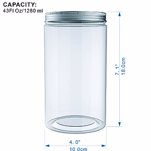 HoleviFO 43oz (1280ml,6 Pack) Clear Empty Plastic Jars with Silver Screw Lids and Labels Round Plastic Jar Wide-mouth PET Straight Cylinder Containers for Household and Kitchen Pantry Organization
