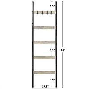 ELYKEN Blanket Ladder for Living Room, Farmhouse 5 -Tier Quilt Holder with 4 Removable Hooks for Bathroom, Wood Towel Rack Display, Wall Anchor Leaning Decorative Stand for Home Decor, White Oak
