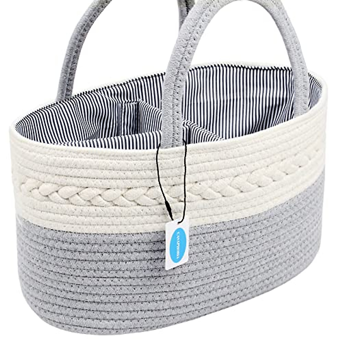 Casaphoria Diaper Caddy Organize,Cotton Rope Diaper Basket Caddy Baskets for Storage,100% Cotton Car Diaper Organizer with Removable Inserts,Cream and Gray (14.2''×8.7''×8'')