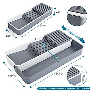 Expandable Kitchen Knife Drawer Organizer, Compact Cutlery Organizer Storage Knife Holder, With Adjustable Storage Tray for Knife Block, Insert-Holds 9 Knives and Store Other Kitchen Gadgets