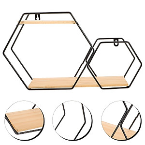 Uonlytech Hexagonal Storage Rack Metal Wall Shelf Wood Wall Shelves Hexagon Shelves for Wall Floating Shelves for Plants Metal Shelf Metal Floating Shelf Wall Shelves Wood Wall Shelving