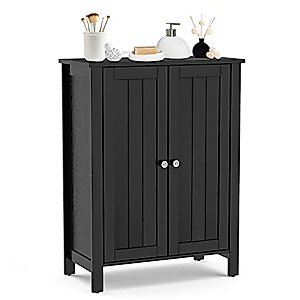 COSTWAY Bathroom Floor Cabinet - Freestanding Side Storage Organizer with Double Doors & Adjustable Shelf, Wooden Storage Cabinet for Living Room, Bedroom, Kitchen, Entryway (Black)