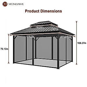 12' X 10' Aluminum Hardtop Gazebo with Nettings and Gutter Heavy Duty Outdoor Patio Double Roof Gazebo Pavilion Galvanized Steel Permanent Gazebo Canopy Grill Shelter for Backyard, Deck