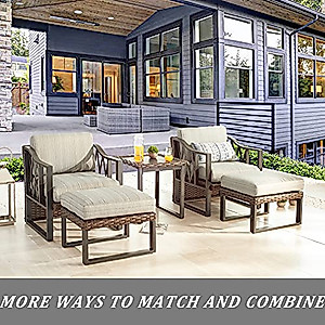 LOKATSE HOME Patio Ottoman Wicker Outdoor Footstool Rest Small Seat Rattan Furniture Cushioned Coffee Table Steel U-Shape Legs for Garden Yard Lawn Deck Poolside, Grey