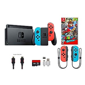 Nintendo Switch Bundle (6 items): 32GB Console Neon Red Blue Joy-con, Game Disc Super Mario Odyssey, Extra Pair of Joy-con Red and Blue,128GB Micro SD Card, Type C Cable, HDMI Cable