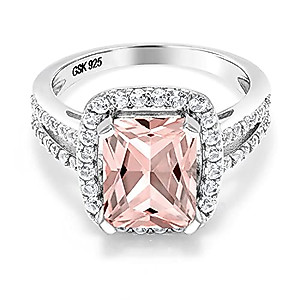Gem Stone King 925 Sterling Silver Peach Nano Morganite Engagement Ring For Women (3.82 Cttw, Emerald Cut 10X8MM, Available In Size 5, 6, 7, 8, 9)