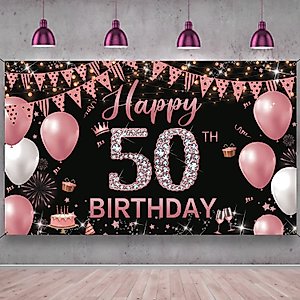 50th Birthday Decorations Backdrop Banner for Women, Happy 50th Birthday Decorations Women, Rose Gold 50 Years Old Birthday Photo Props, Fifty Birthday Party Poster Backdrop Fabric 6.1ft x 3.6ft PHXEY