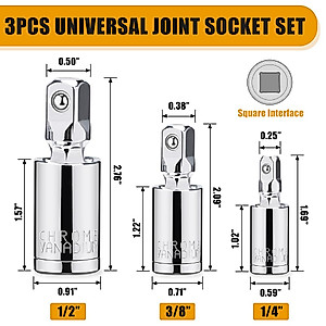 3PCS Universal Joint Socket Set, 1/4” 3/8” 1/2” Drive Swivel Socket Adapter Set, Premium Chrome Vanadium Steel Universal Joint Socket Adapter Suitable for Narrow Spaces- Tiosamd